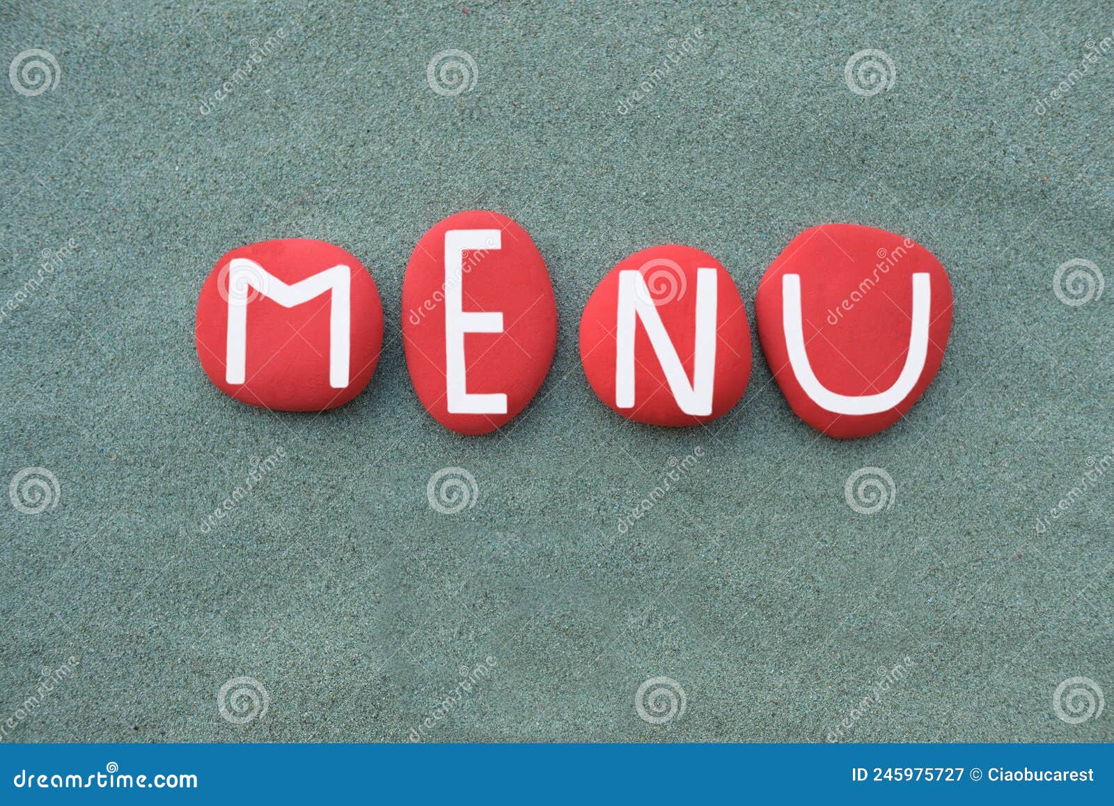 Menu Word Composed with Red Colored Stone Letters Over Green Sand Stock ...