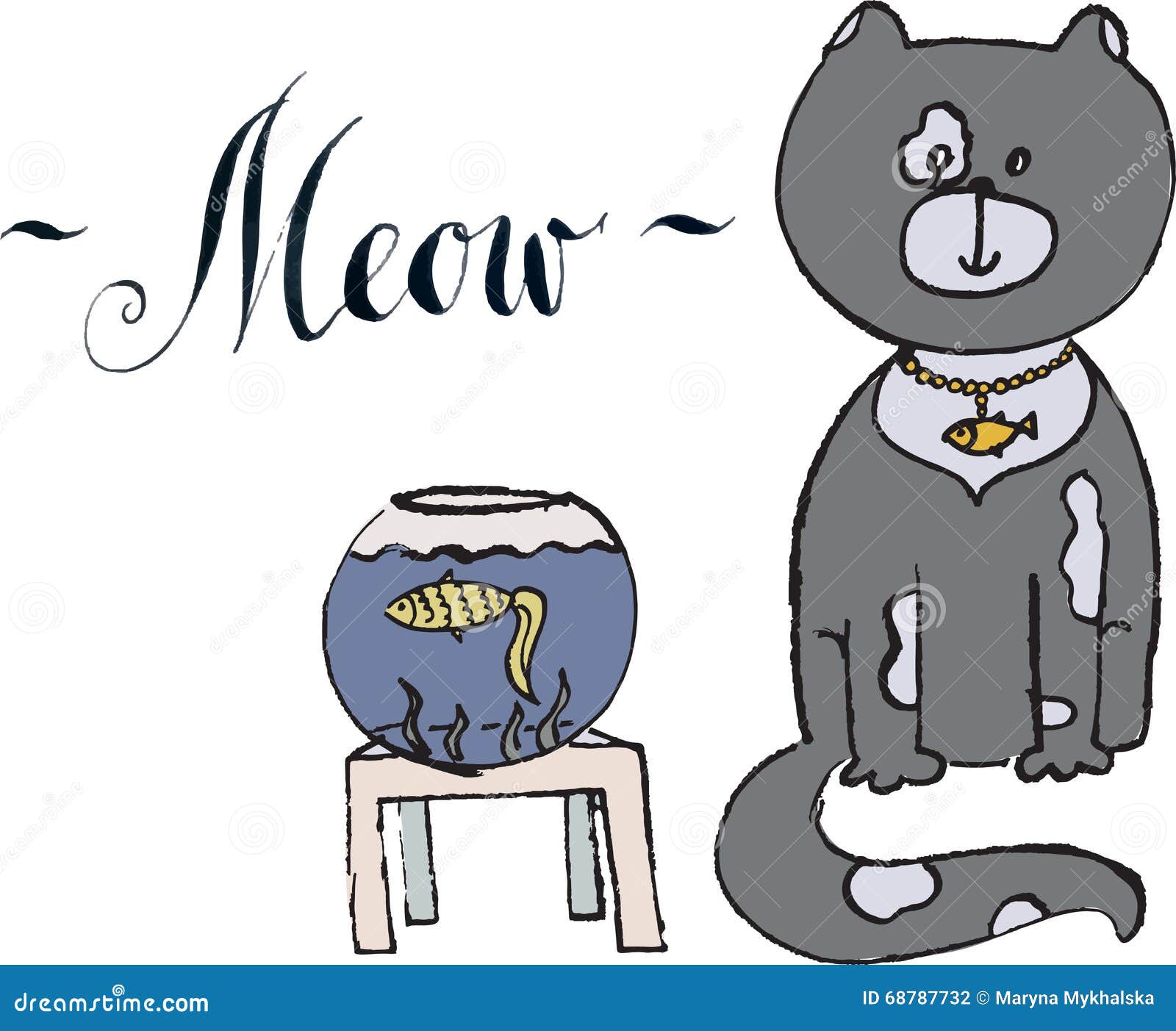 Meow, Gray Cat with Gold Fish Stock Vector - Illustration of smiling ...