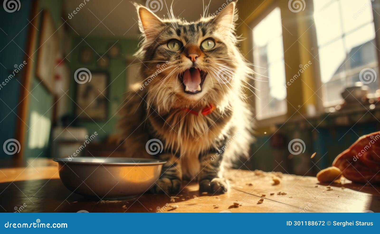 A Meowing Cat Standing on a Table Next To an Empty Bowl, AI Stock Photo ...