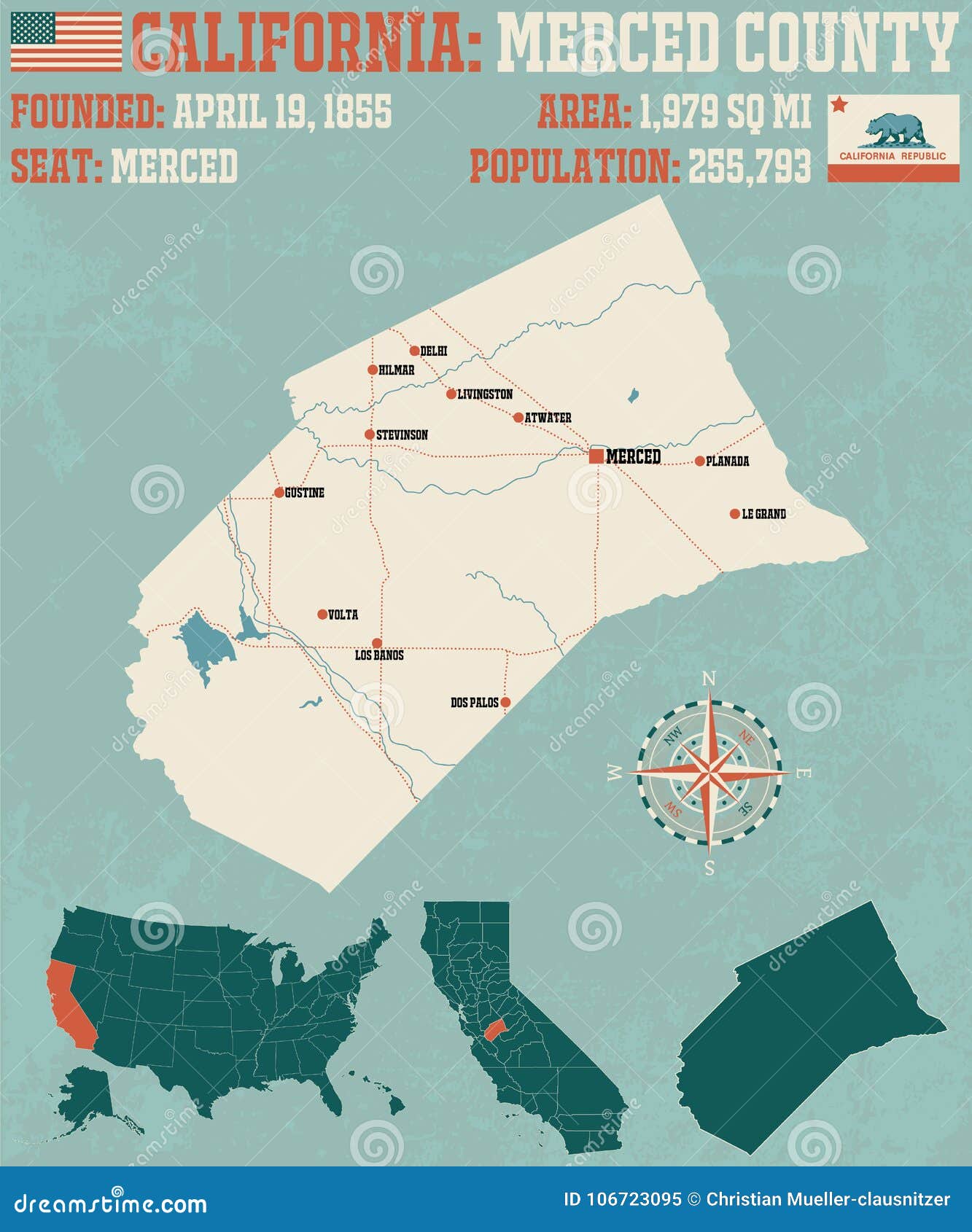 Merced County in California. Stock Vector - Illustration of geography ...