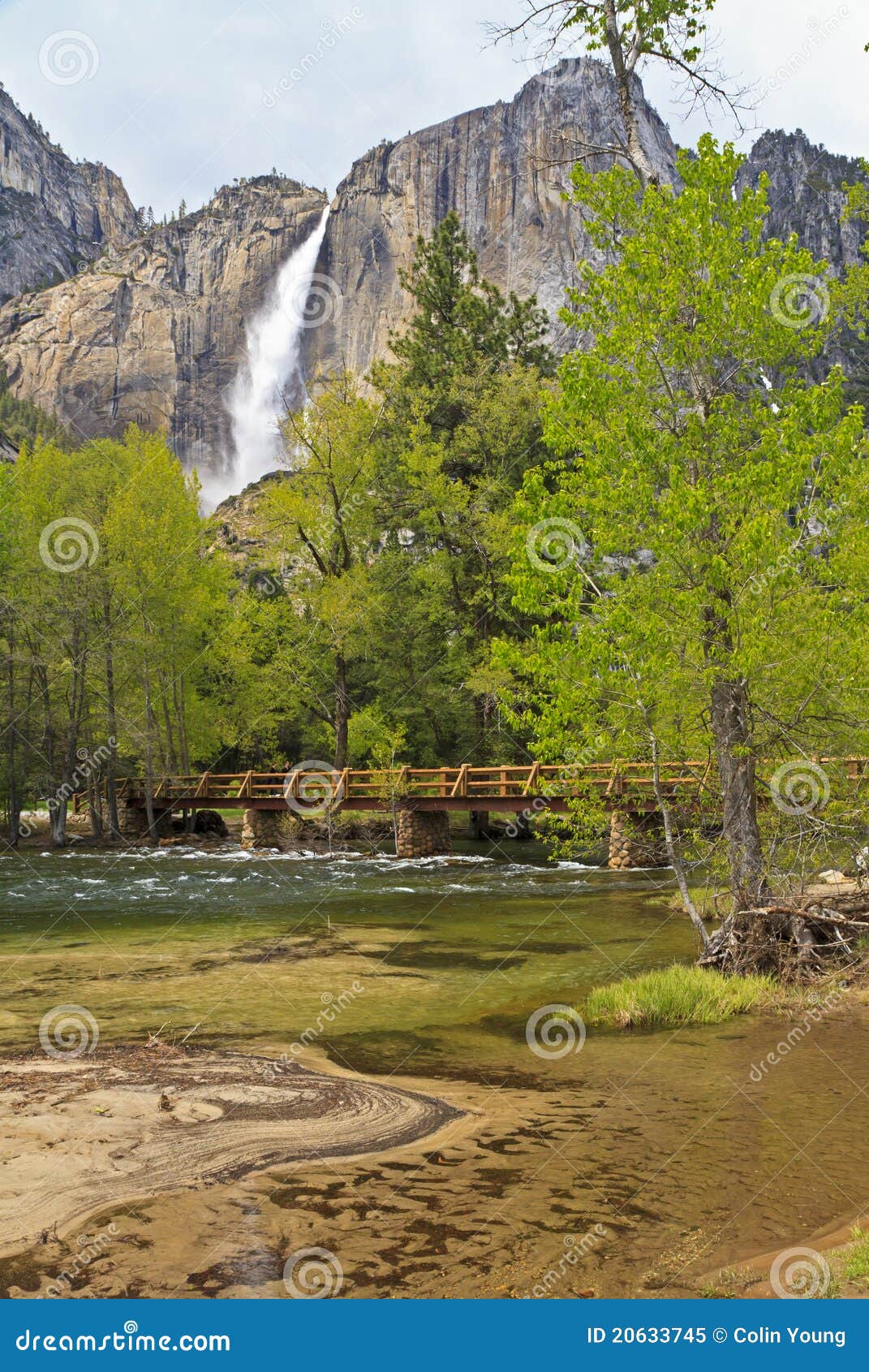 Merced River Sandbar and Yosemite Falls Stock Image - Image of nautical ...