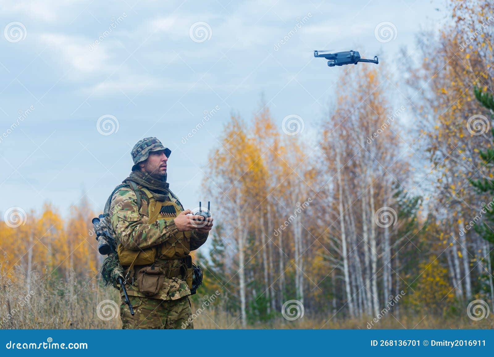 Mercenary Soldier Launch a Reconnaissance Drone in a Forest. Stock ...