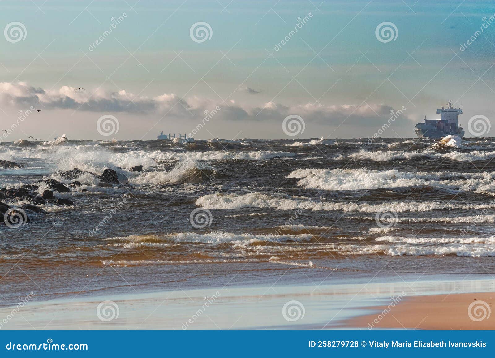 Merchant Ship Entering the Port for Unloading, Storm at Sea Stock Photo ...