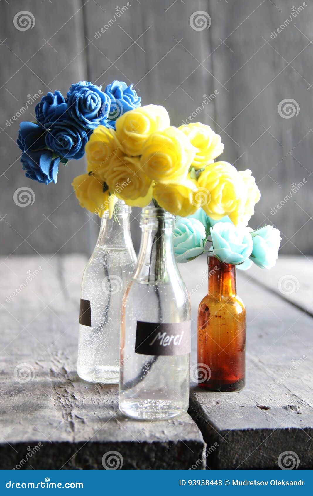 Merci Tag and Nice Flowers in the Bottles Stock Photo - Image of ...