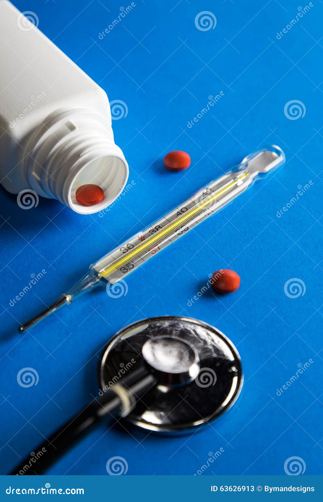 Mercury Thermometer Drugs and Stethoscope on Blue Background Stock ...