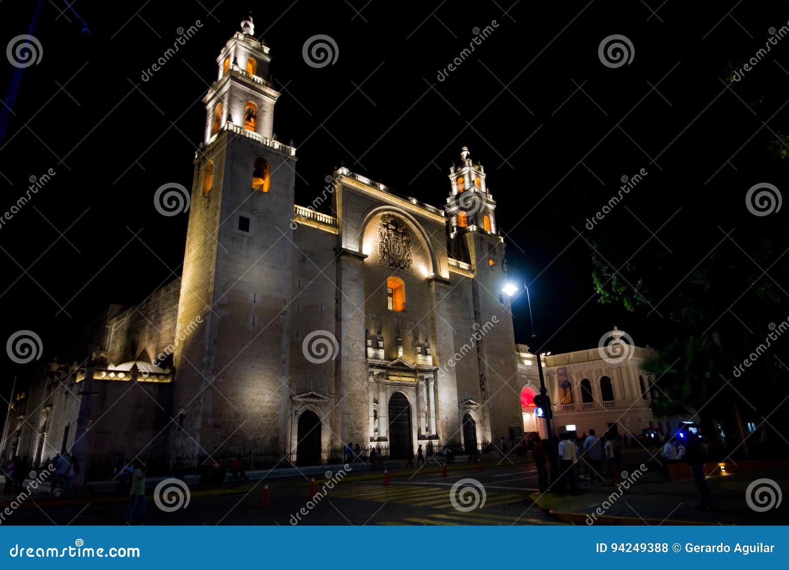 Merida Cathedral at night stock photo. Image of catholic - 94249388