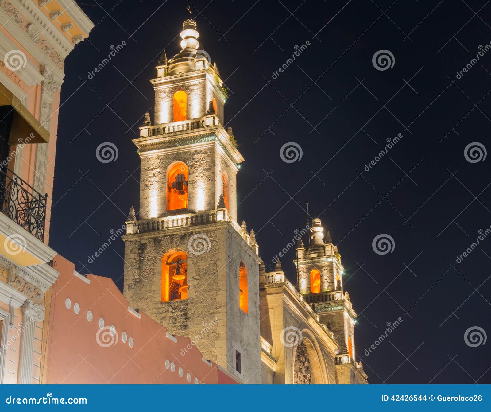 MERIDA CATHEDRAL at NIGHT stock photo. Image of centro - 42426544