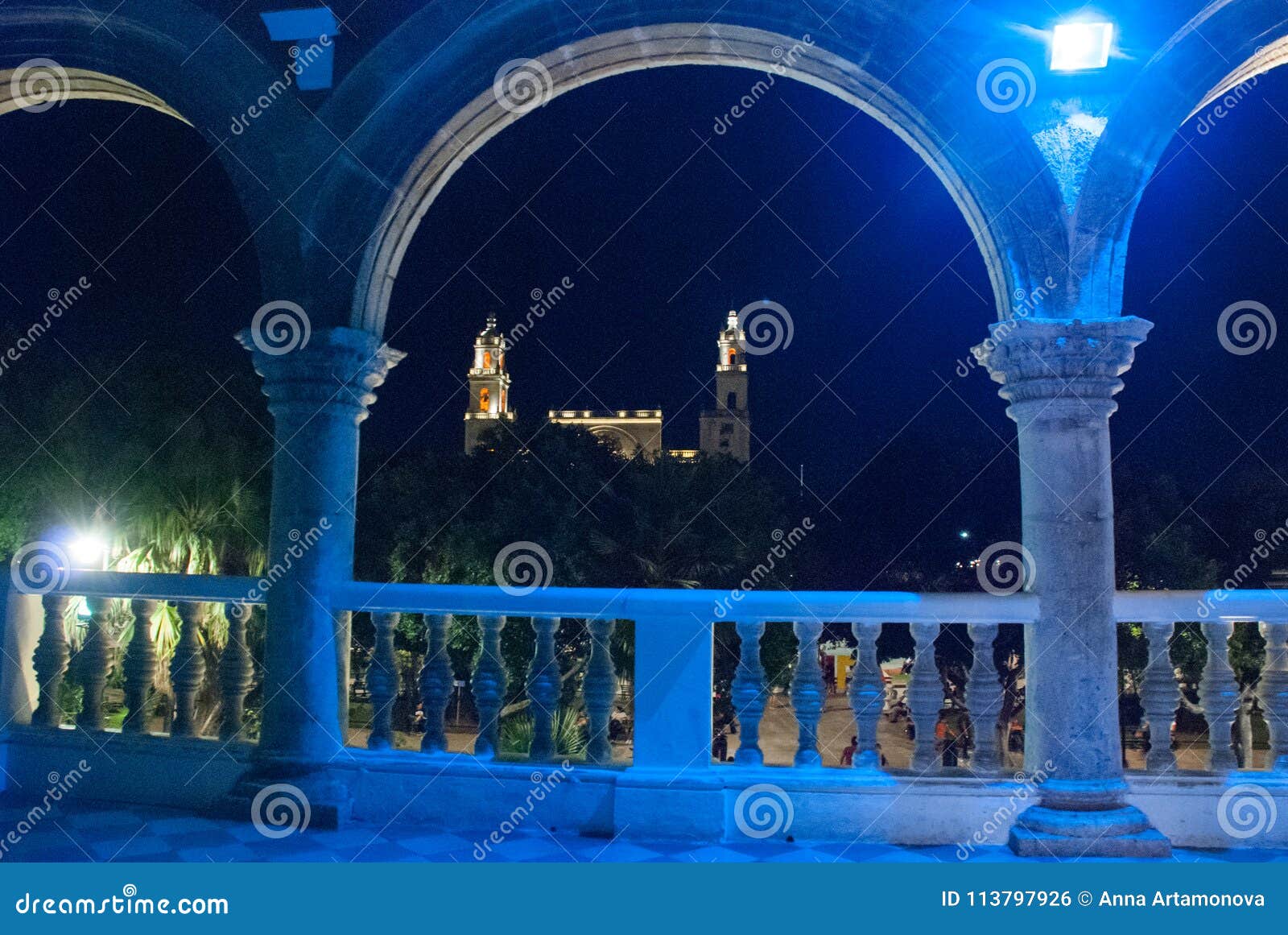Merida San Ildefonso Cathedral at Night with Blue Backlight. Yucatan ...