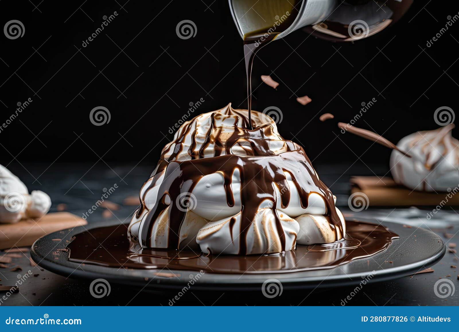 Meringue Hovering Over a Pool of Chocolate Sauce Stock Illustration ...