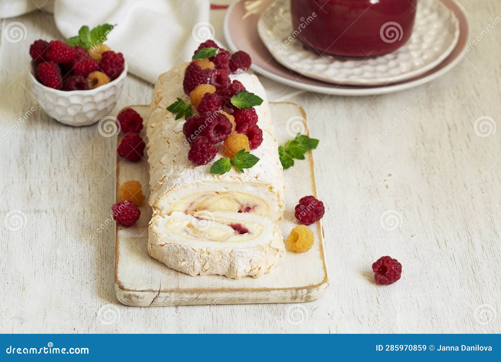 Meringue Roll with Butter Cream and Raspberry Curd, Decorated with ...