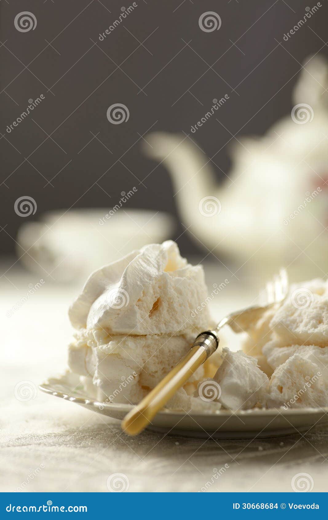 Meringue with tea set stock photo. Image of dessert, close - 30668684