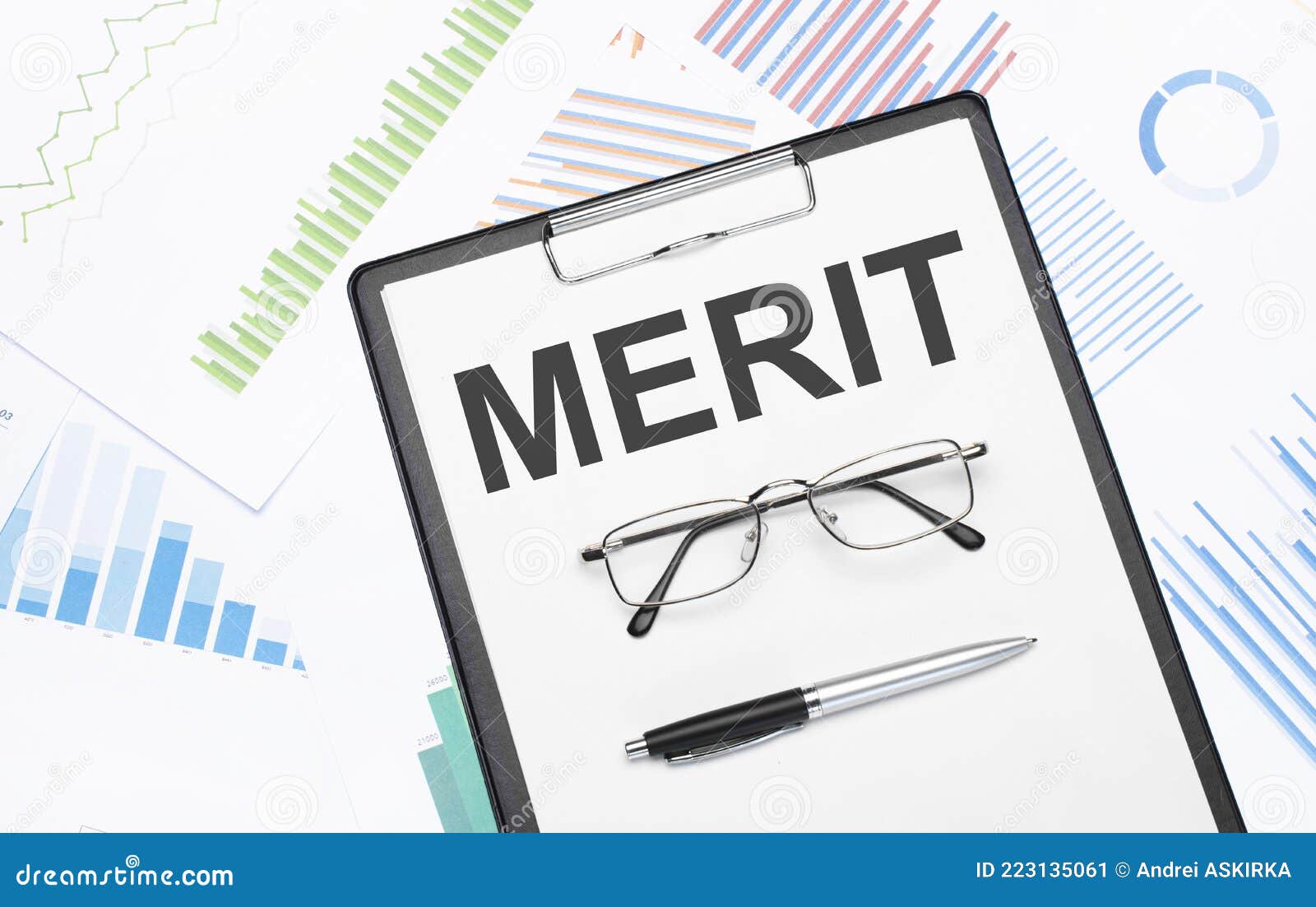 Merit, Sign. Conceptual Background with Chart ,papers, Pen and Glasses ...