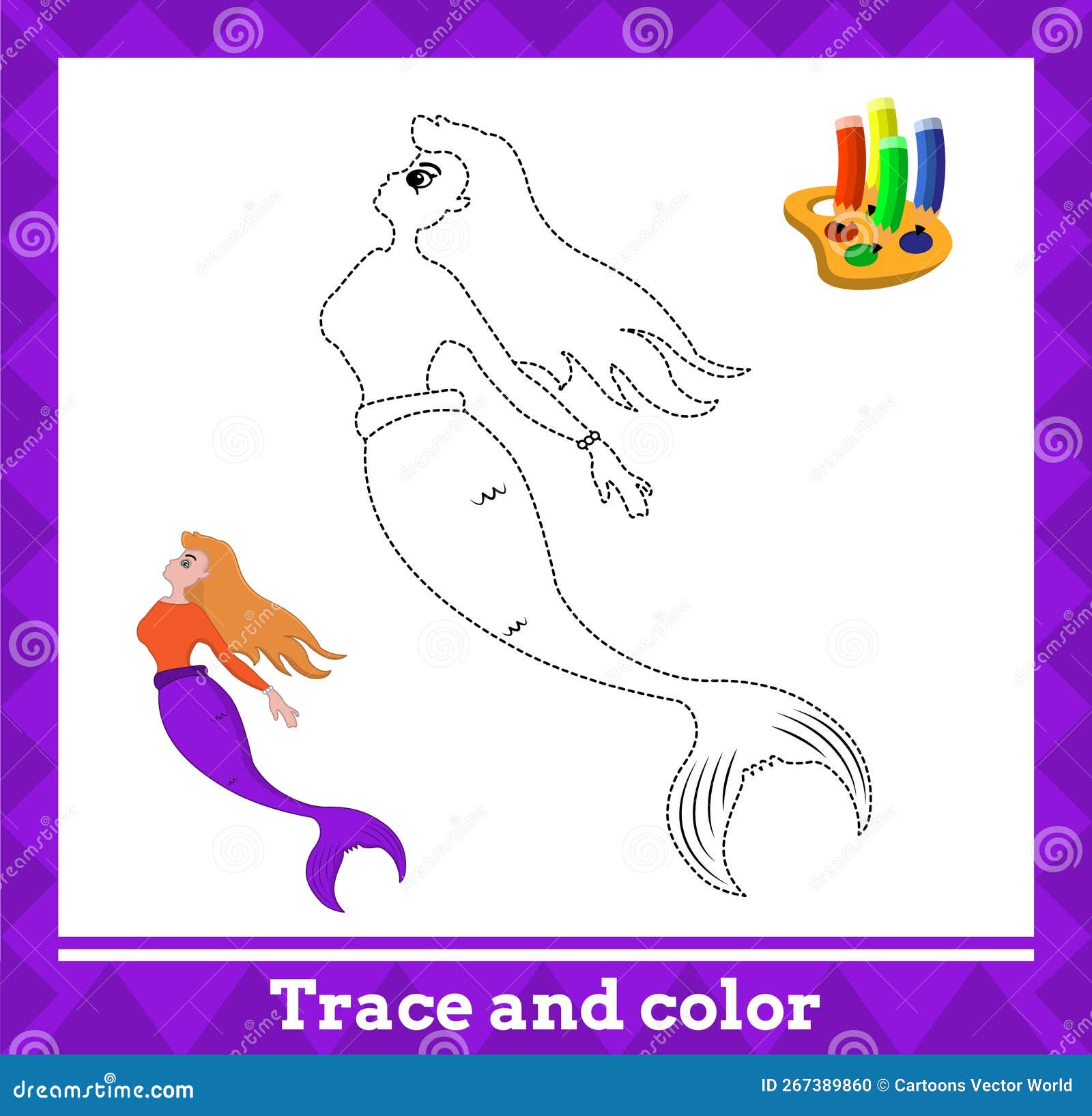 Trace and Color for Kids, Mermaid Activity Vector Illustration. Stock ...