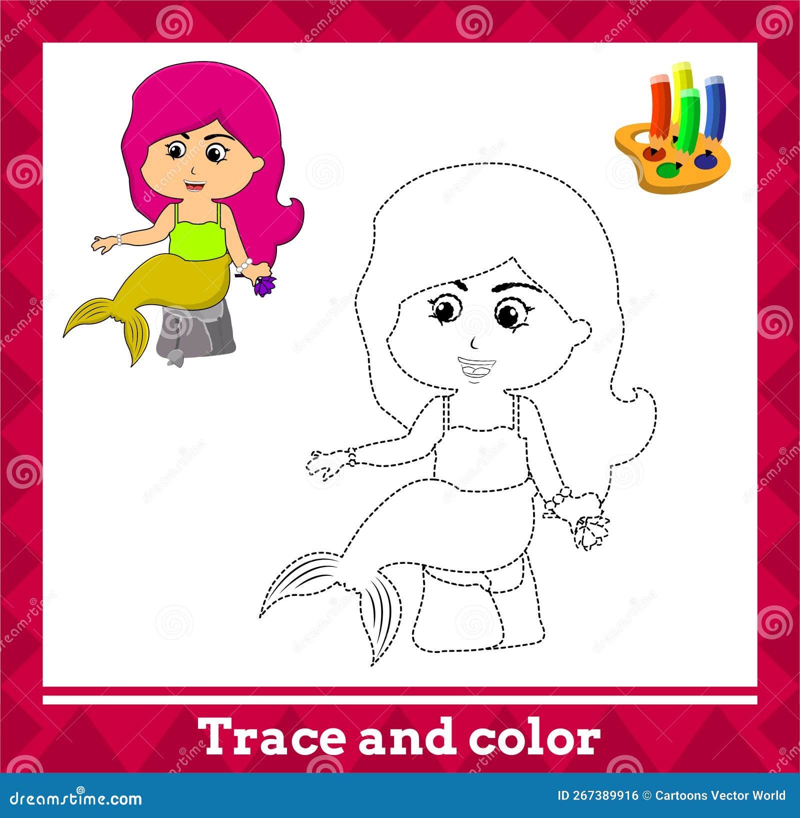 Trace and Color for Kids, Mermaid Activity Vector Illustration. Stock ...