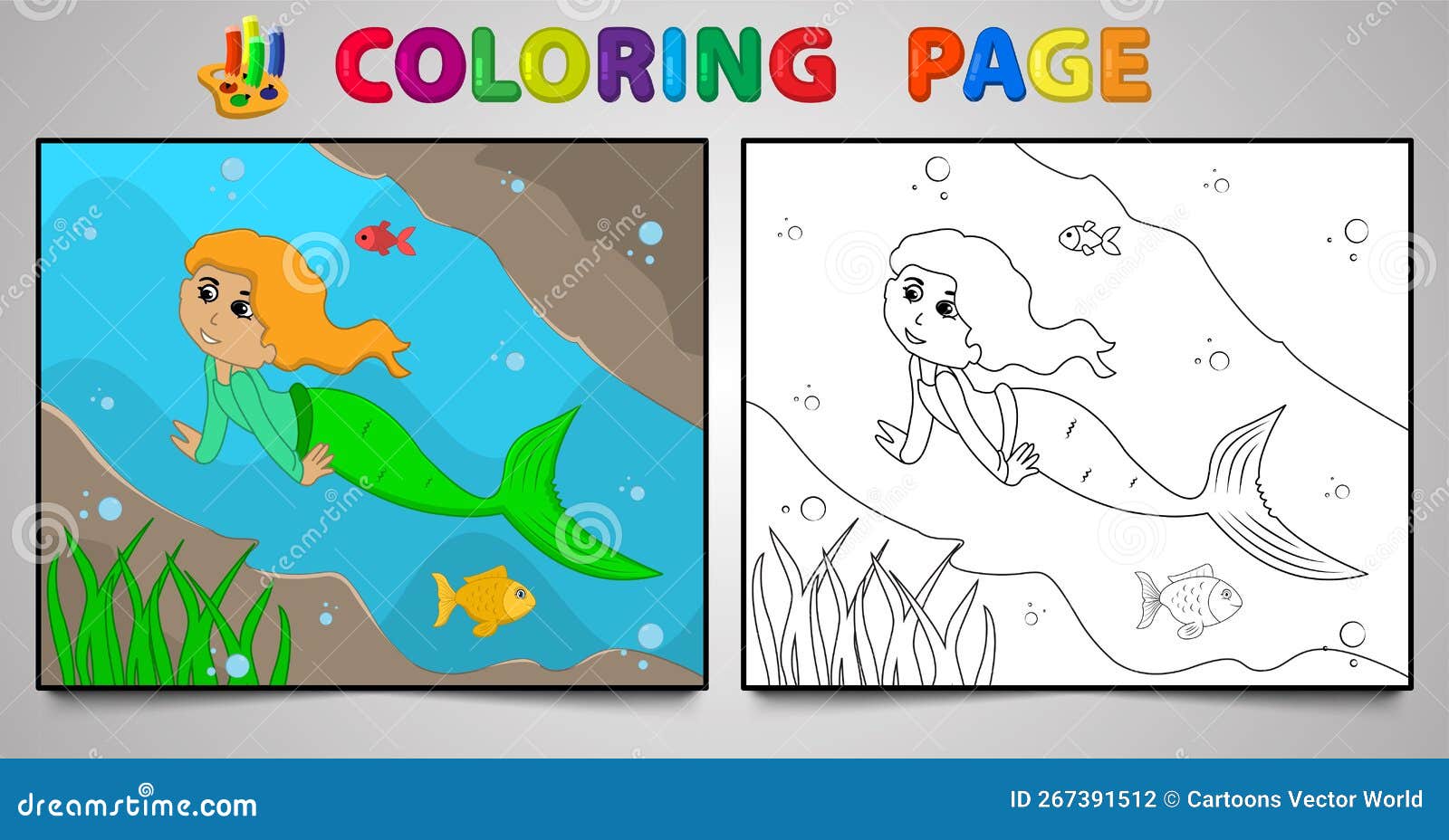 Cartoon Mermaid Coloring Page Kids Activity Page with Line Art Vector ...