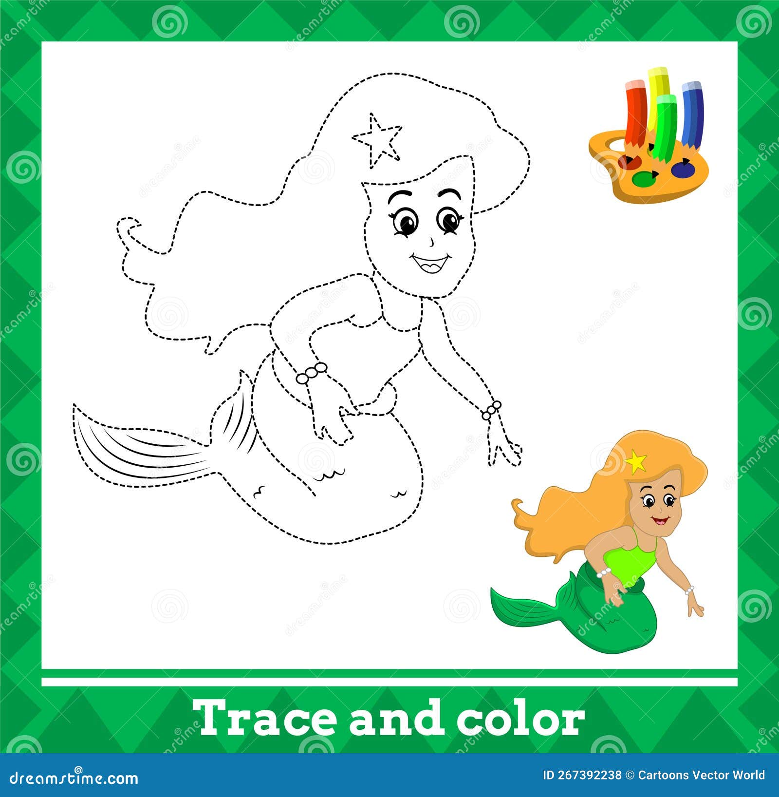 Trace and Color for Kids, Mermaid Activity Vector Illustration. Stock ...