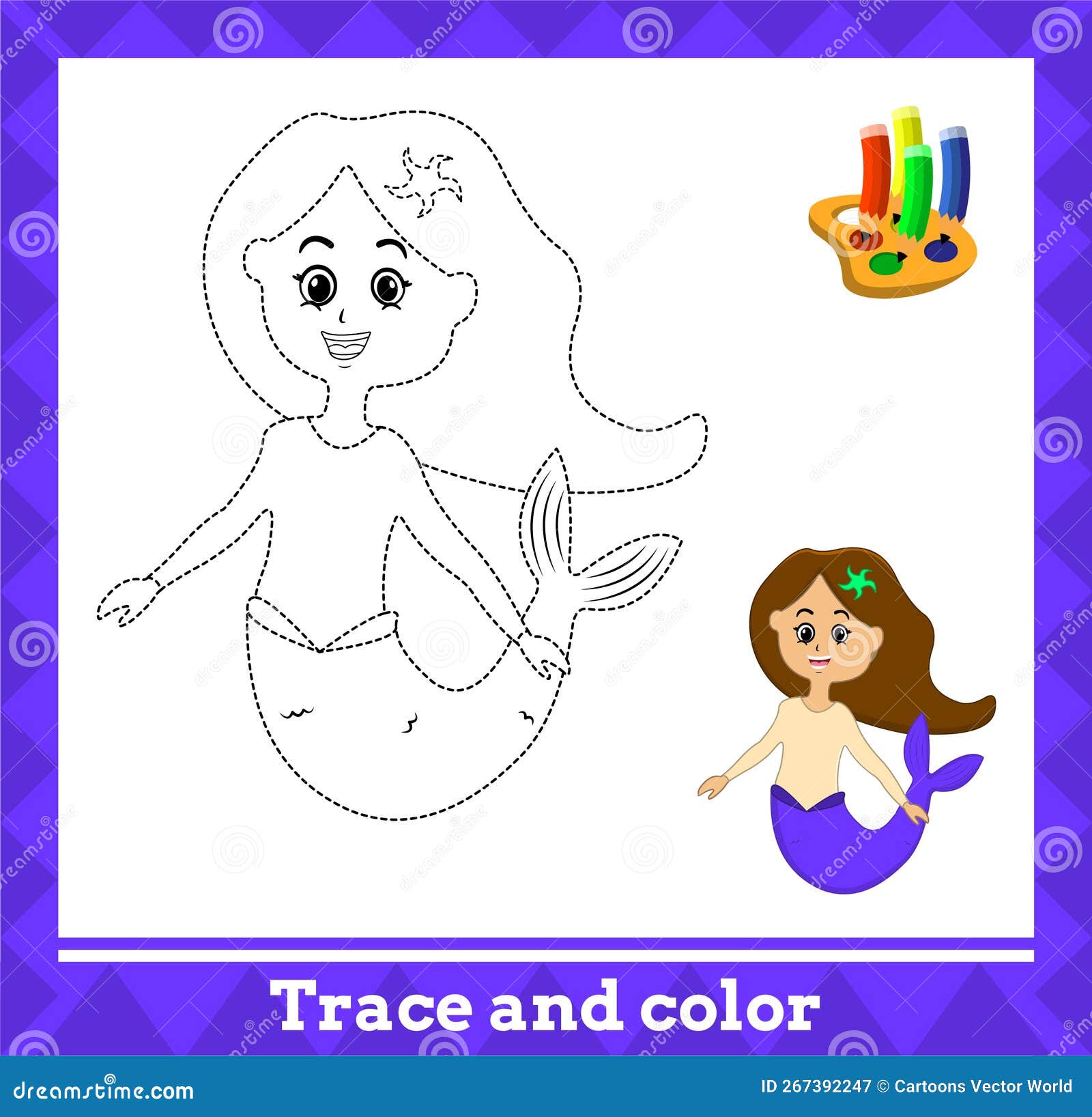 Trace and Color for Kids, Mermaid Activity Vector Illustration. Stock ...