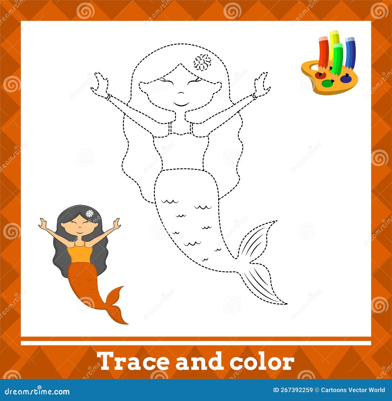 Trace and Color for Kids, Mermaid Activity Vector Illustration. Stock ...