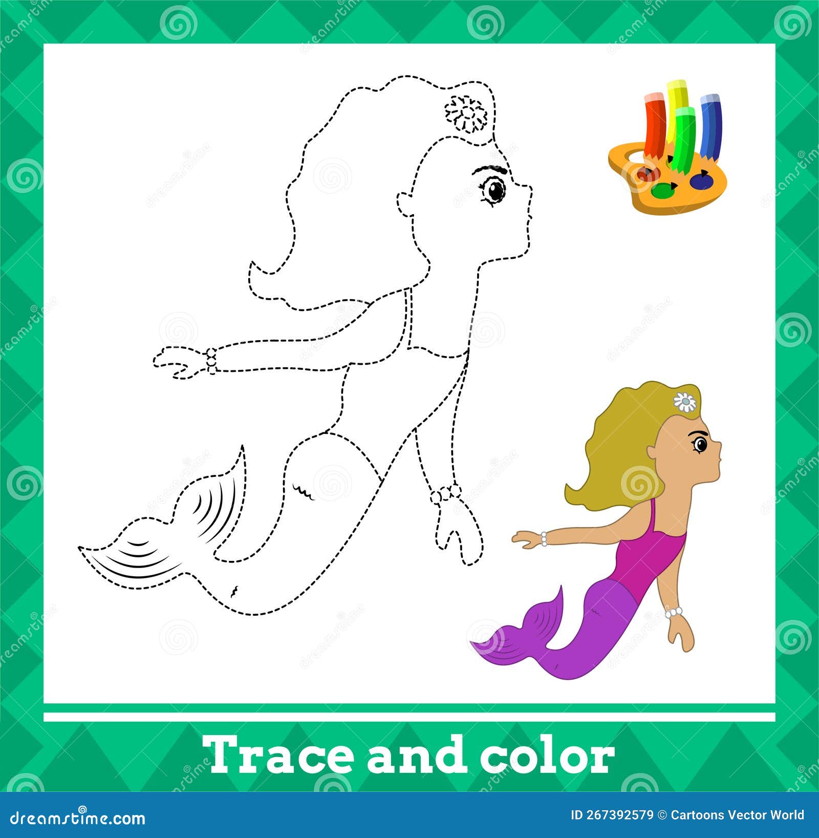 Trace and Color for Kids, Mermaid Activity Vector Illustration. Stock ...