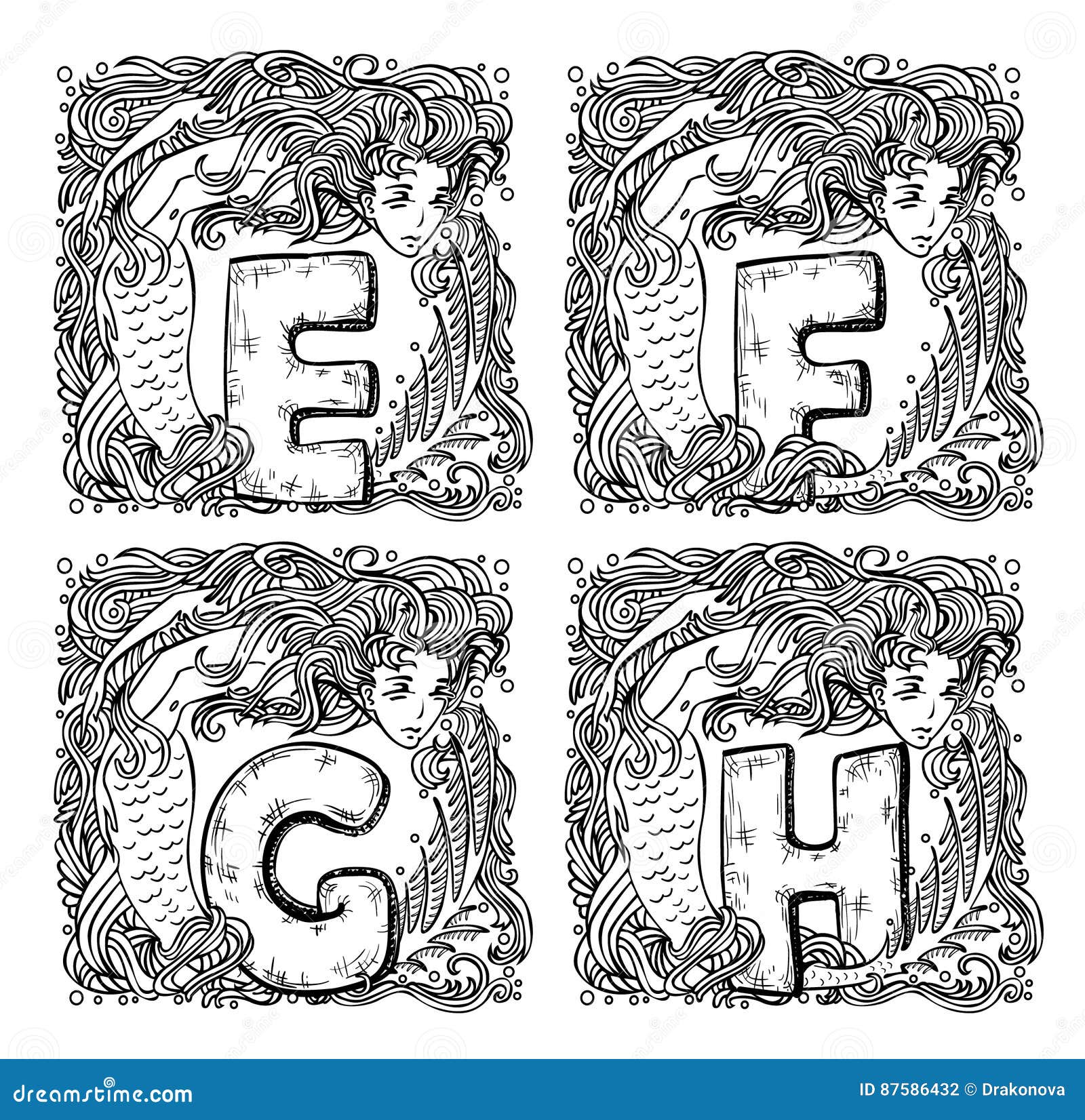 Mermaid alphabet stock vector. Illustration of ornamental - 87586432
