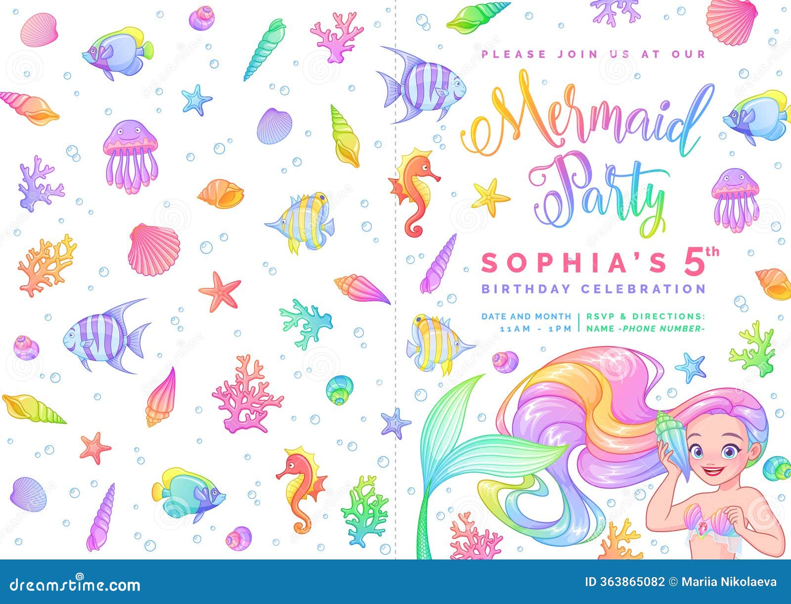 Mermaid Birthday Party For Baby Poster Template. Cartoon Cute Girls ...