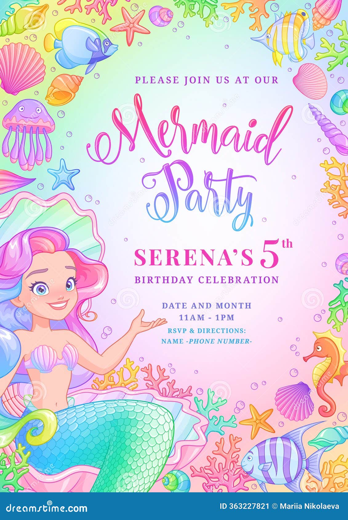 Mermaid Birthday Party For Baby Poster Template. Cartoon Cute Girls ...
