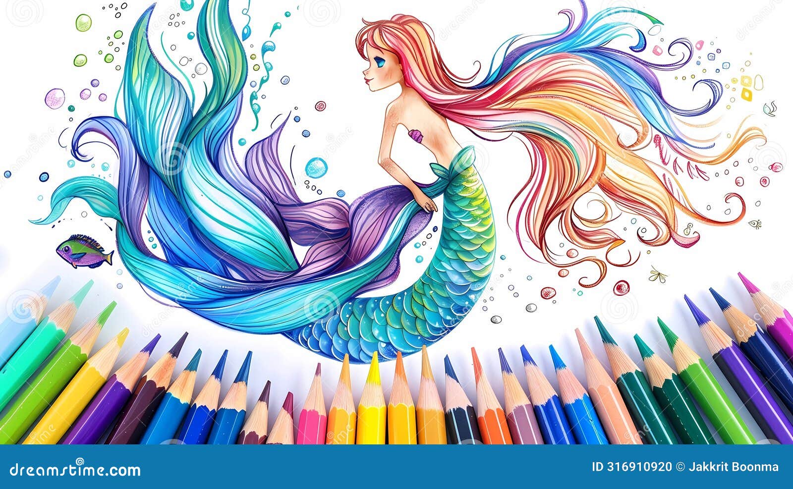 Mermaid with Colored Pencils on White Background, Generative AI ...