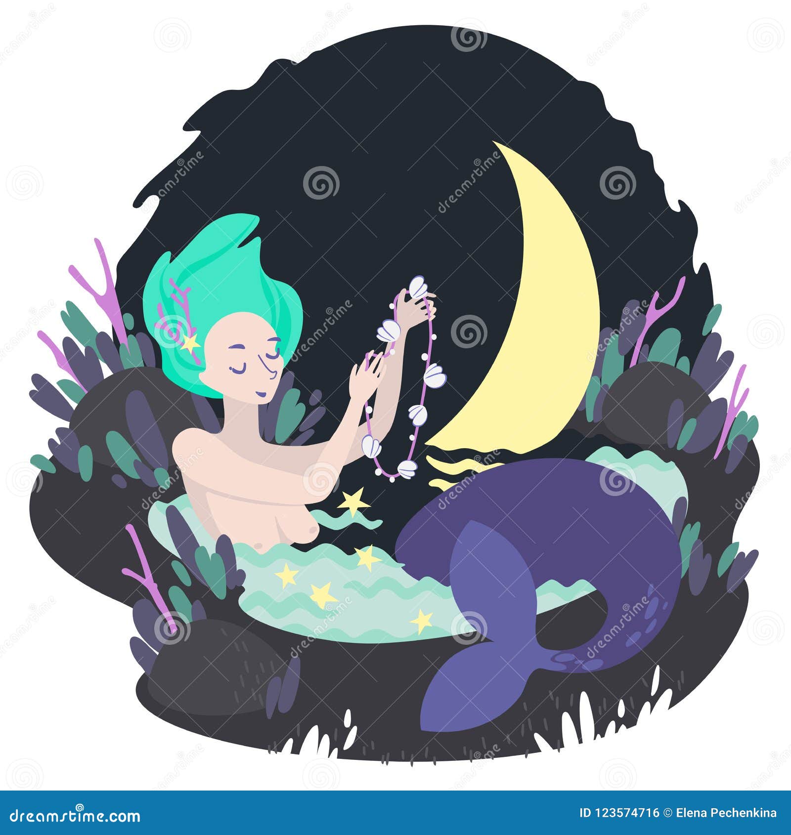 Mermaid and Crescent Bathe in the Swamp Stock Vector - Illustration of ...