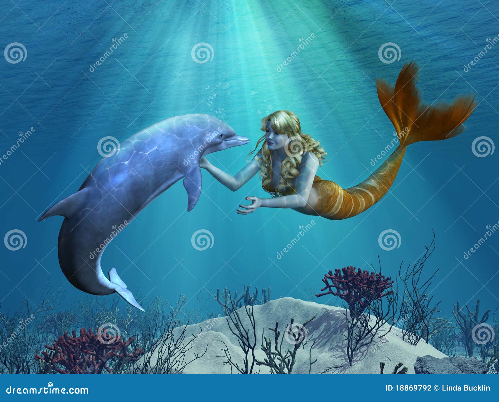 Mermaid with Dolphin Undersea Stock Illustration - Illustration of ...