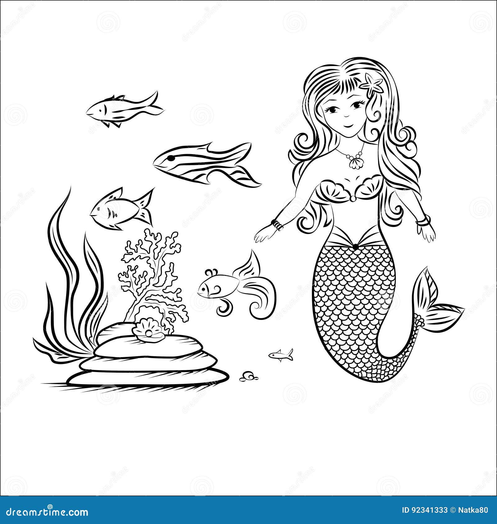 Mermaid and Fish, Rocks and Seaweed Stock Vector - Illustration of ...