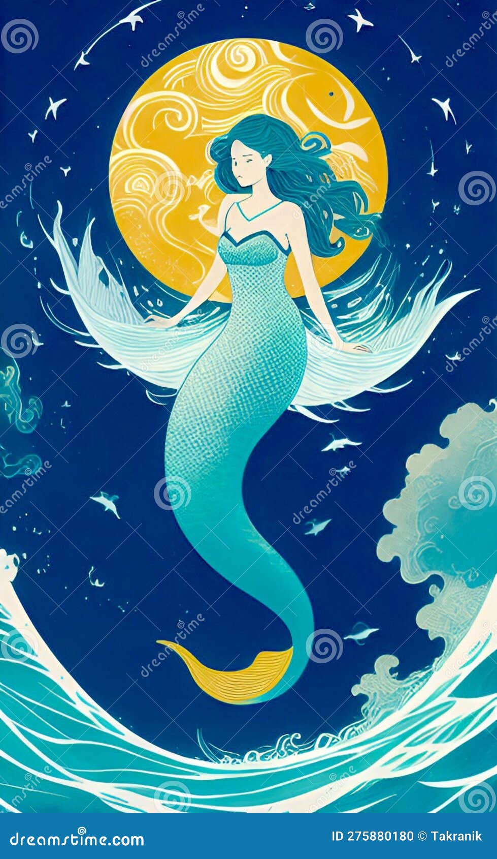 Mermaid Floating in the Sea Stock Illustration - Illustration of design ...