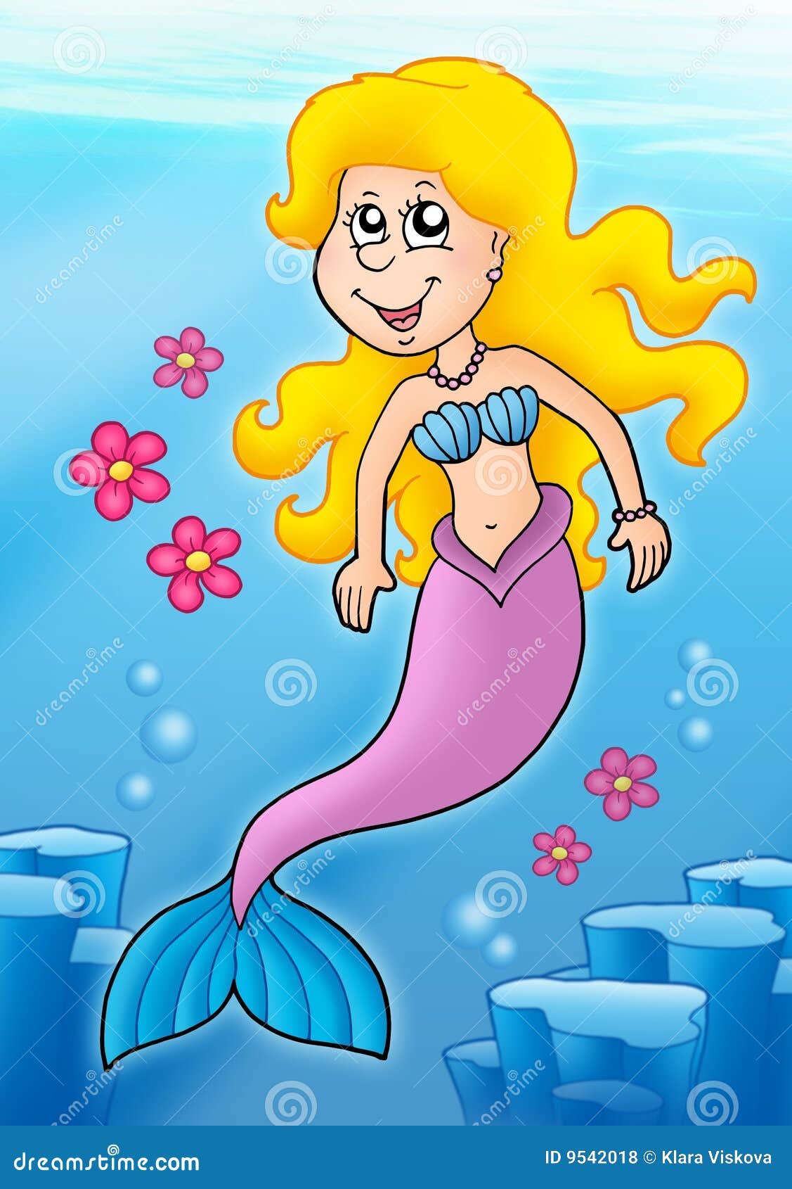 Mermaid with Flowers in Sea Stock Illustration - Illustration of blonde ...