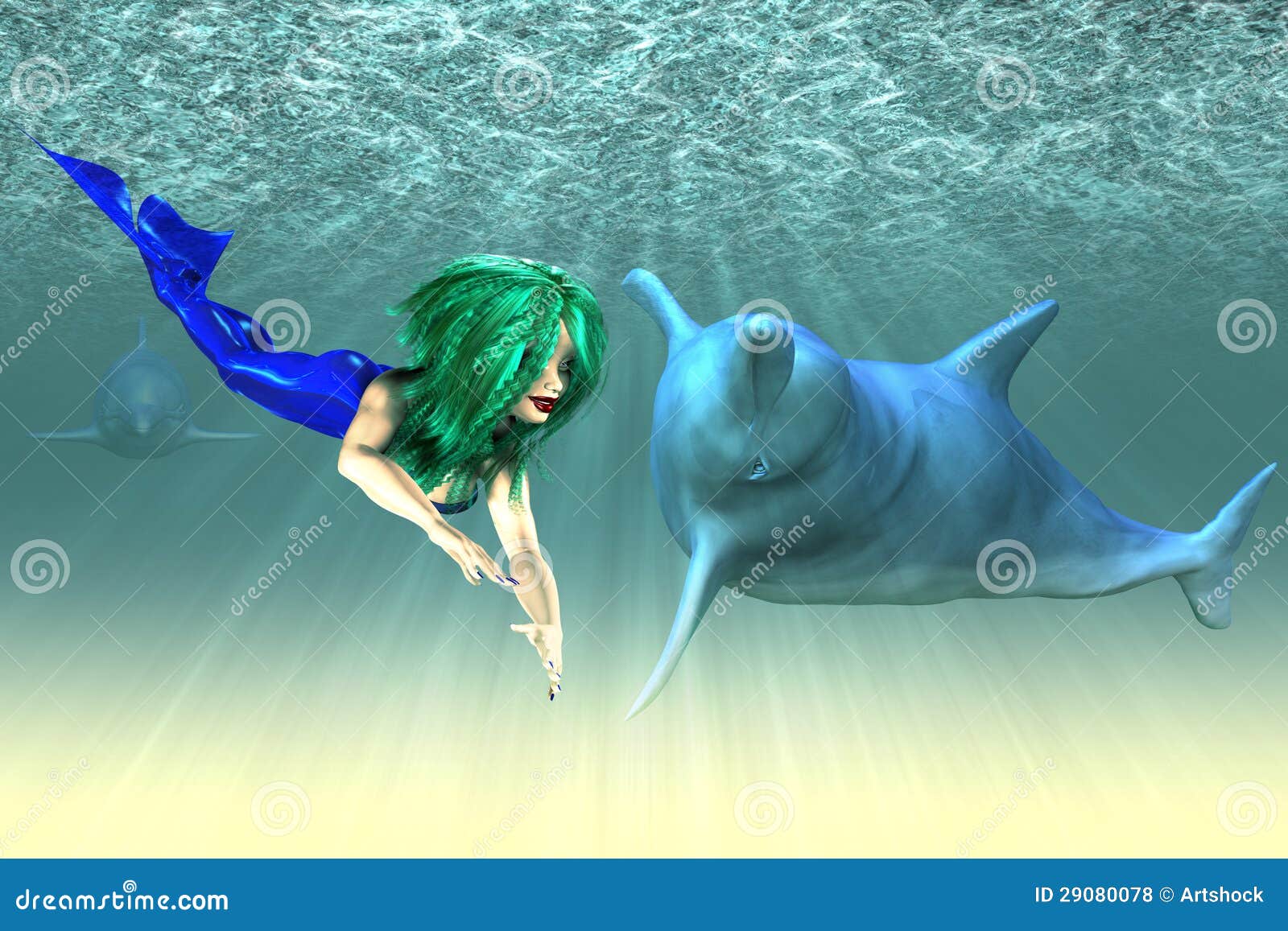 Mermaid girl with dolphins stock illustration. Illustration of black ...