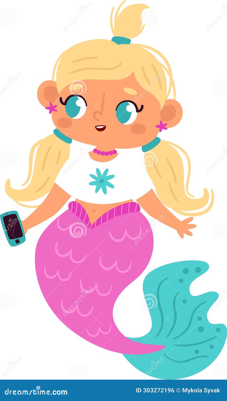 Mermaid With Phone Isolated. Mythical Sad Woman With Fish Tail. Vector ...