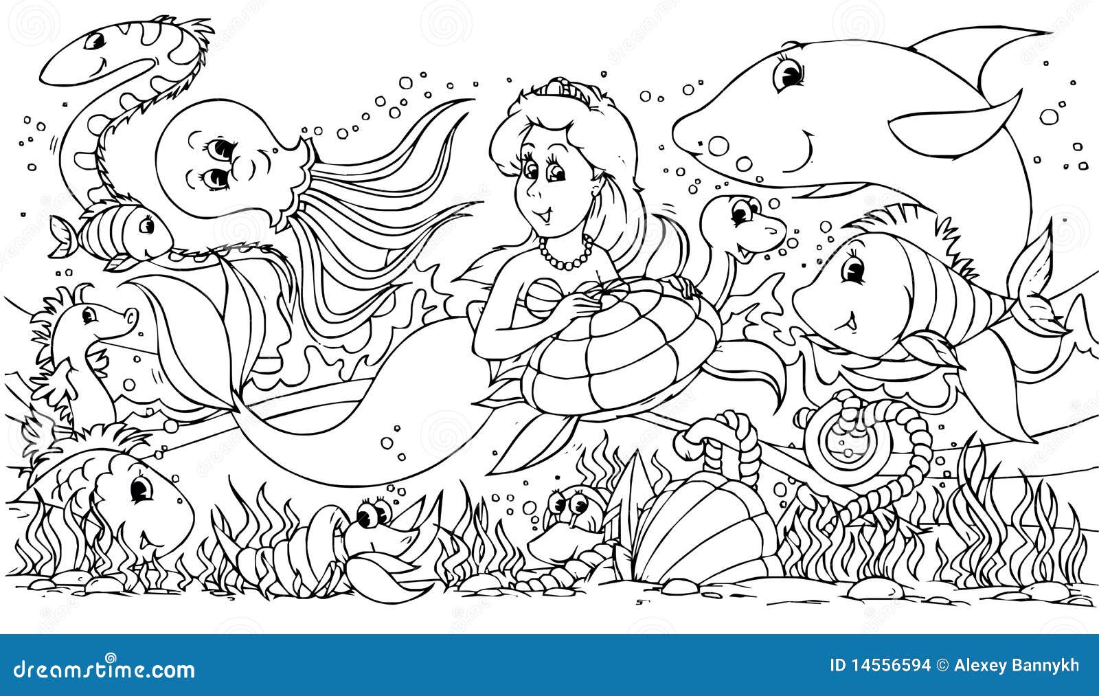 Mermaid and her friends stock illustration. Illustration of fish - 14556594