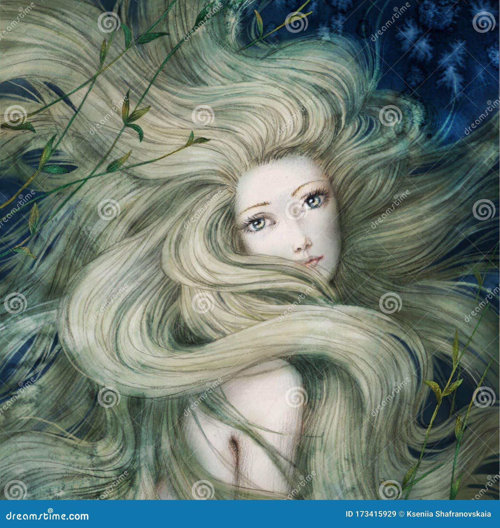 Mermaid Undersea, Beautiful Women with Long Blondy Hair, Hand Drawn ...