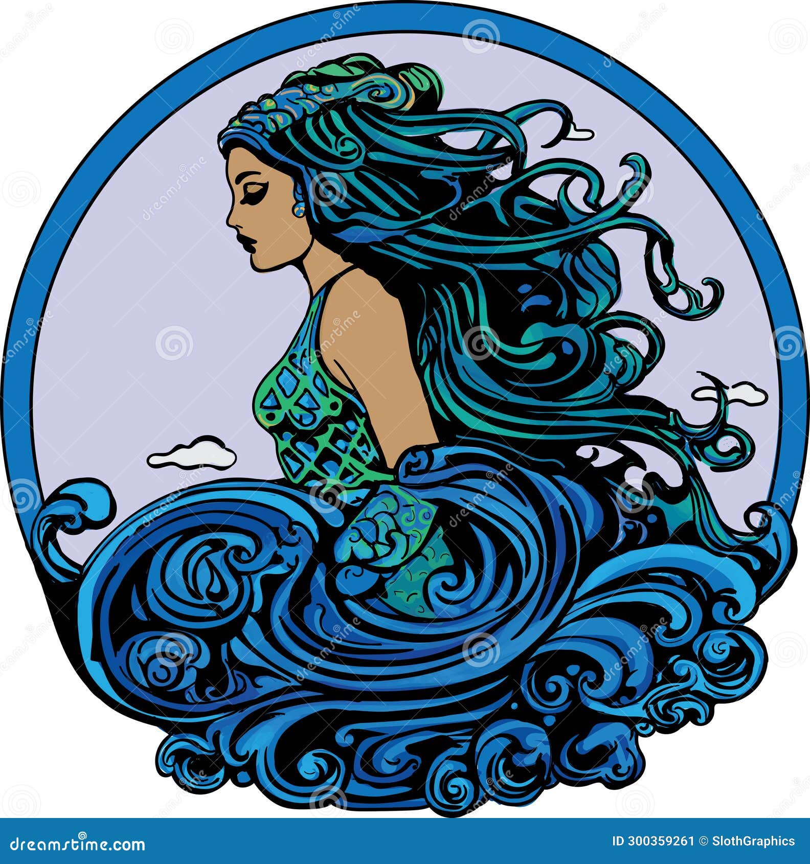 Mermaid Illustration in Blue and Green, Circular Stock Illustration ...