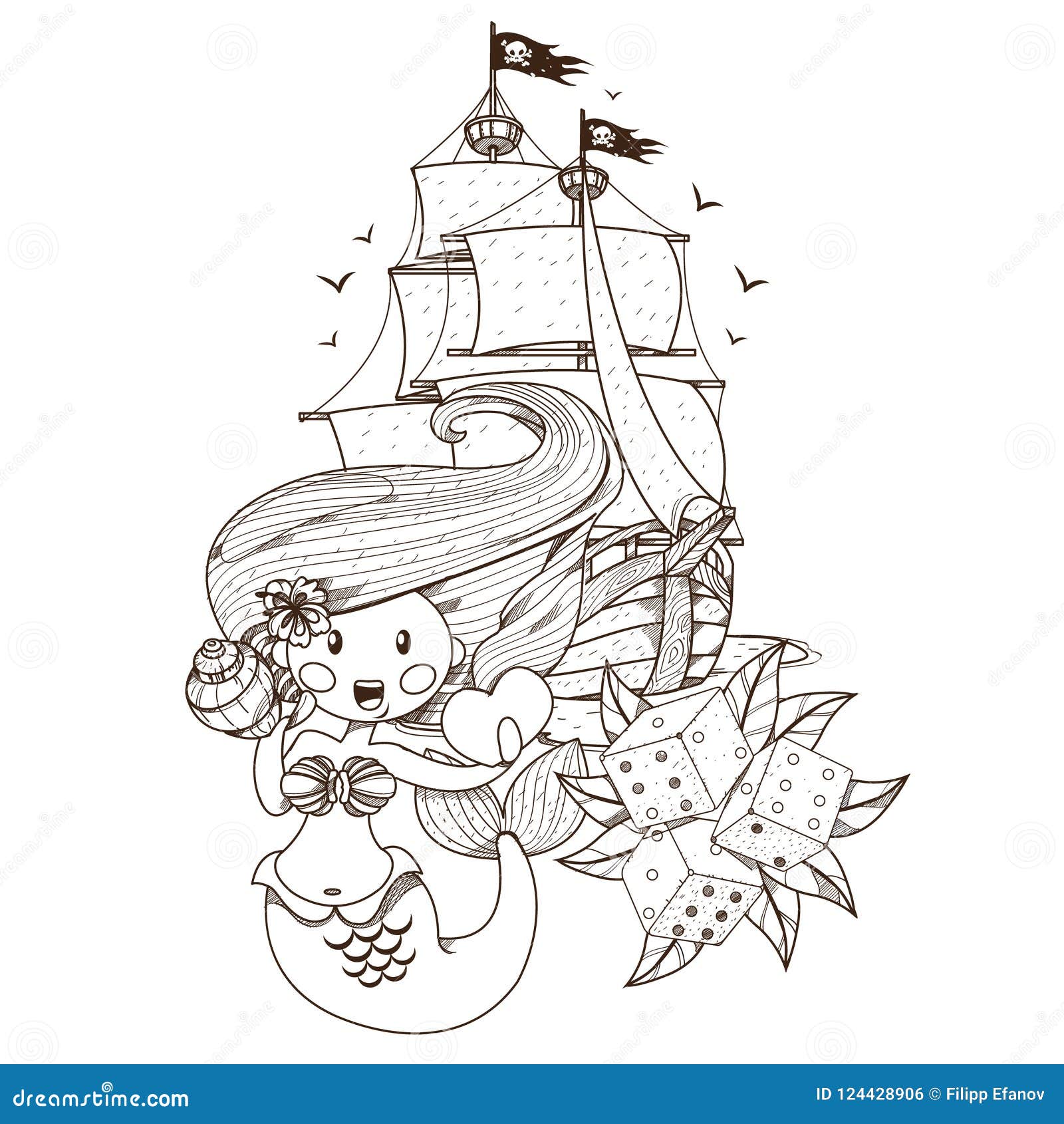 Mermaid, Pirate Ship, Dice. Graphics Pirate Theme. Stock Vector ...