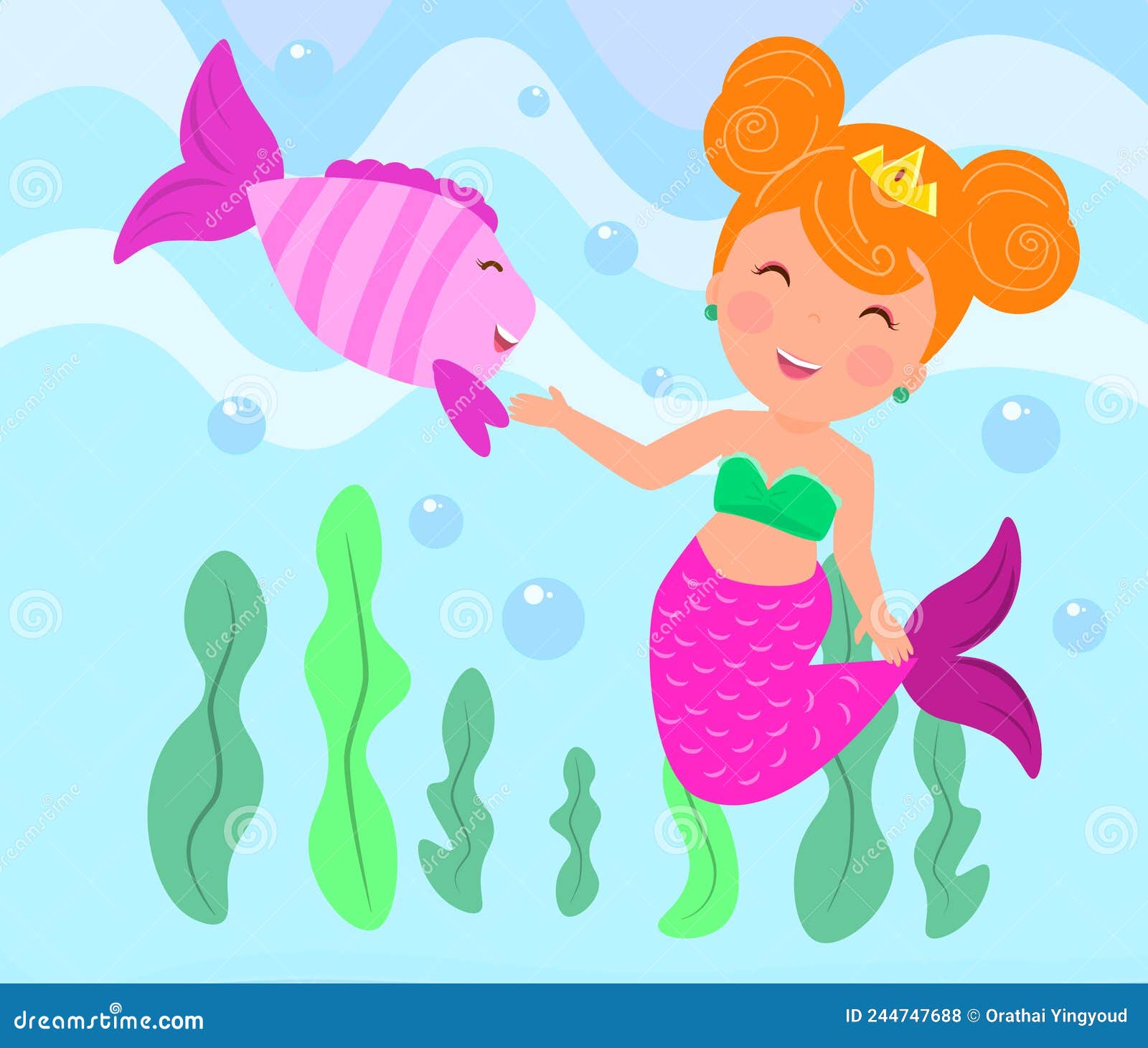 Mermaid Playing With Bubbles. Cute Cartoon Smiling Mermaid Clip Art ...