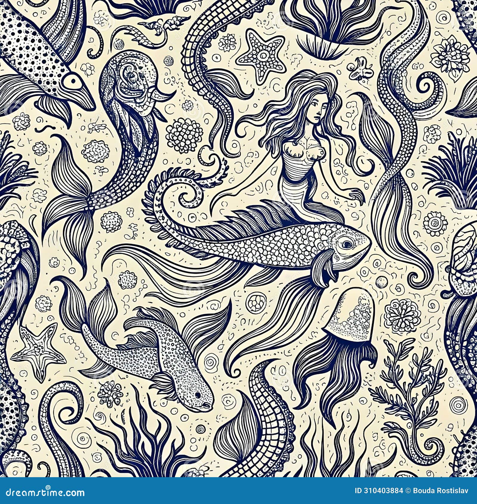 Mermaid and Sea Creatures Pattern Illustration Stock Illustration ...