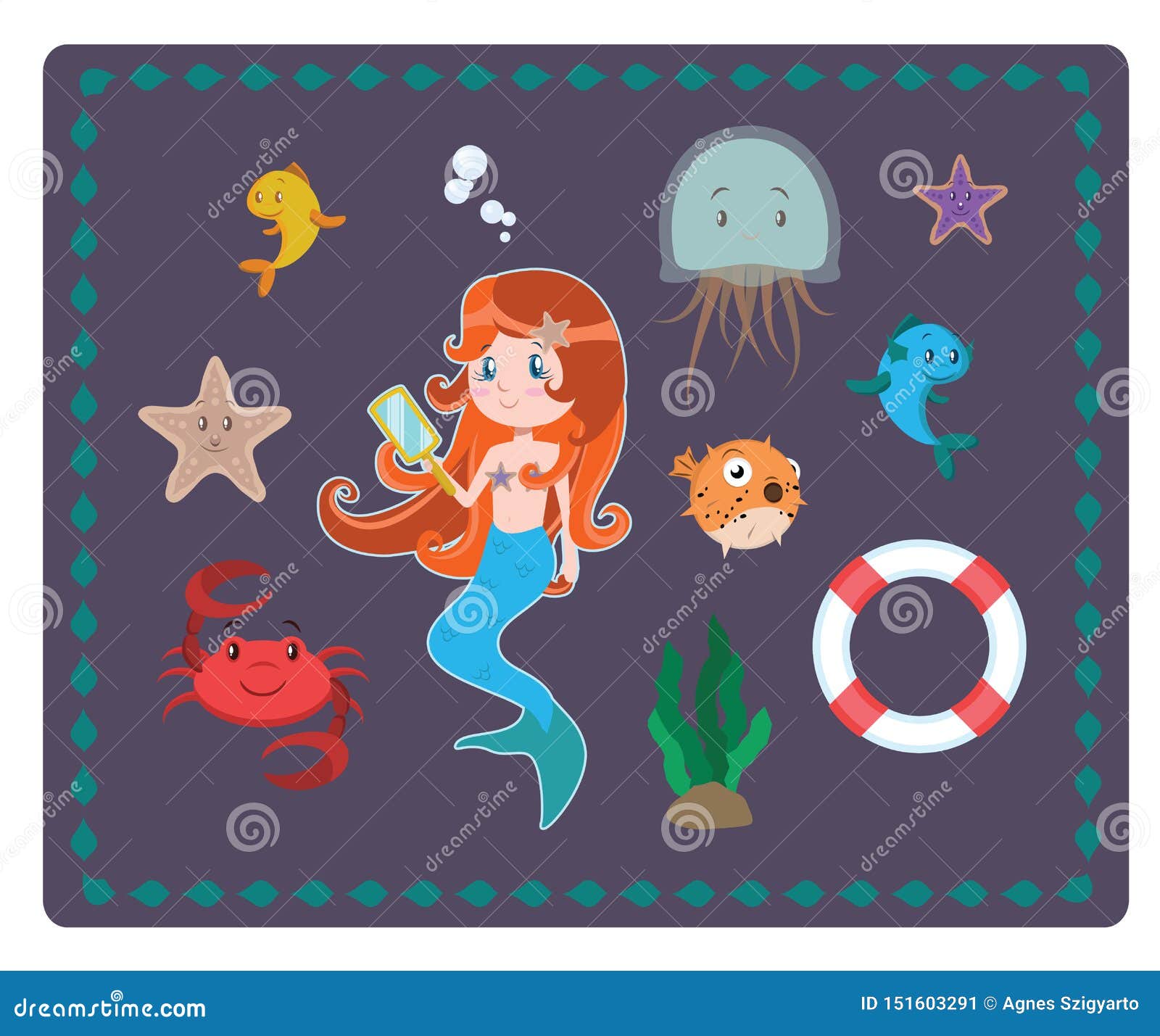 Mermaid and sea elements stock vector. Illustration of girl - 151603291