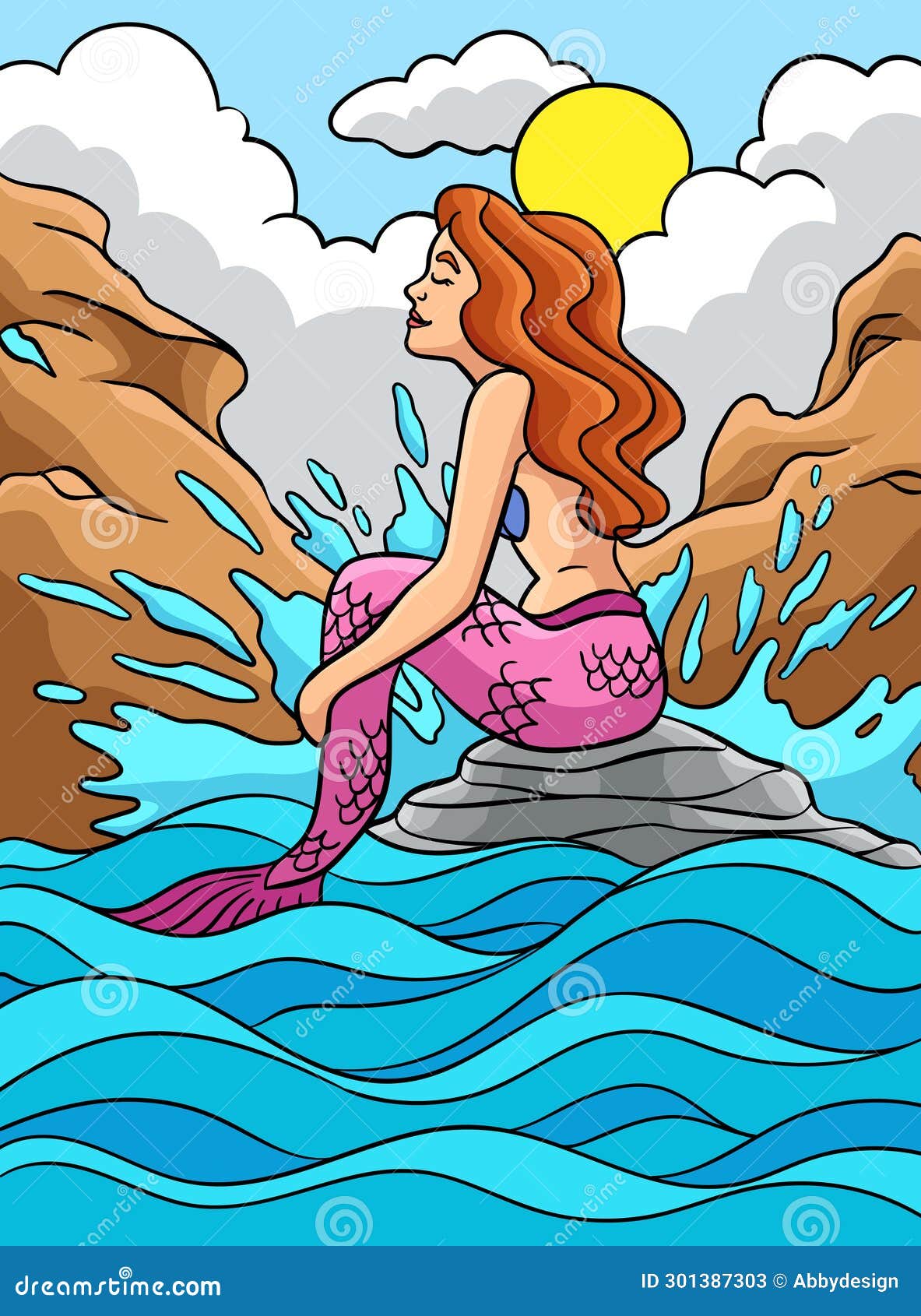 Mermaid Sitting On The Rock Colored Cartoon Stock Vector Illustration