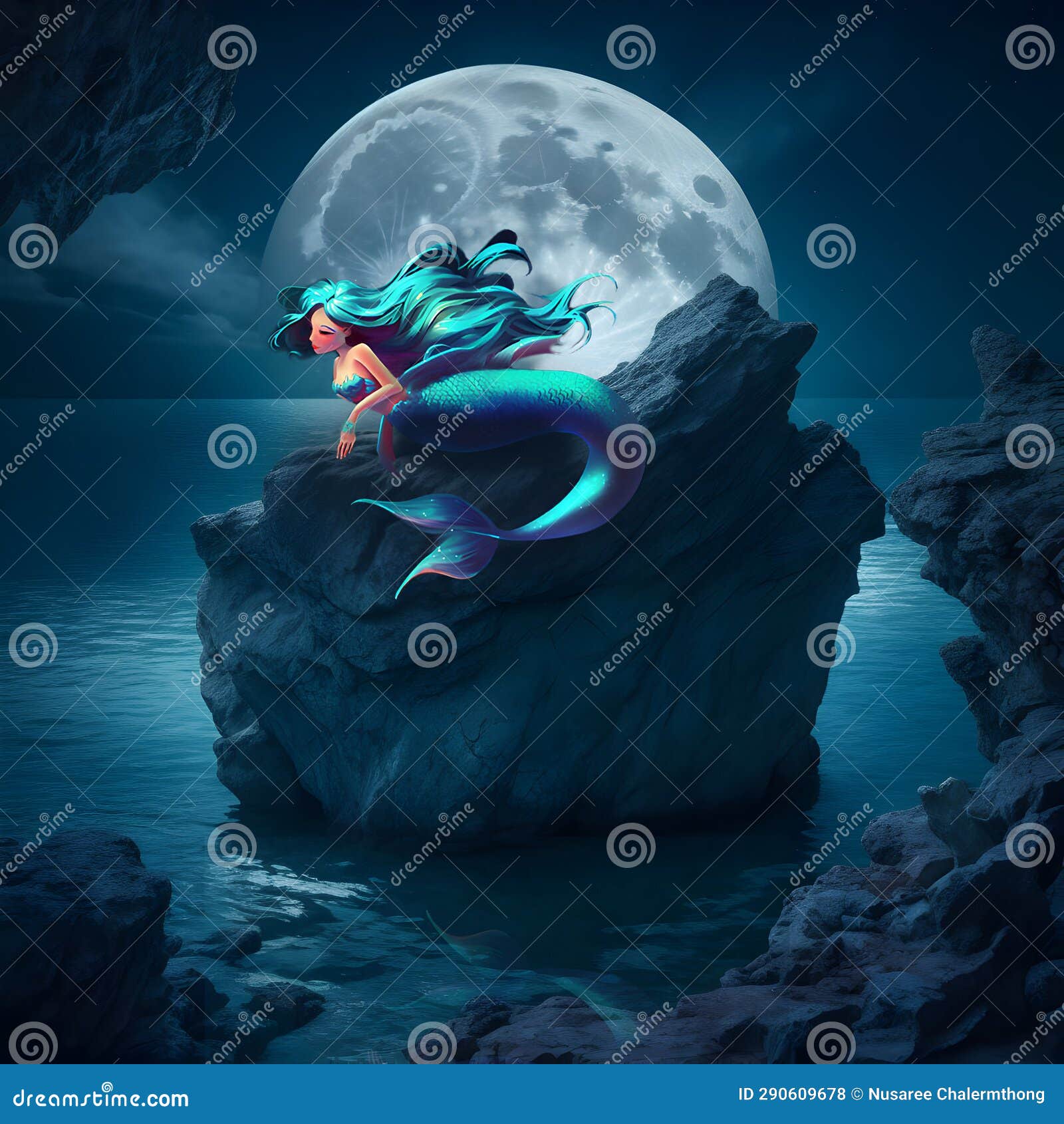 Mermaid Sitting on Rock Under the Moonlight Stock Illustration ...