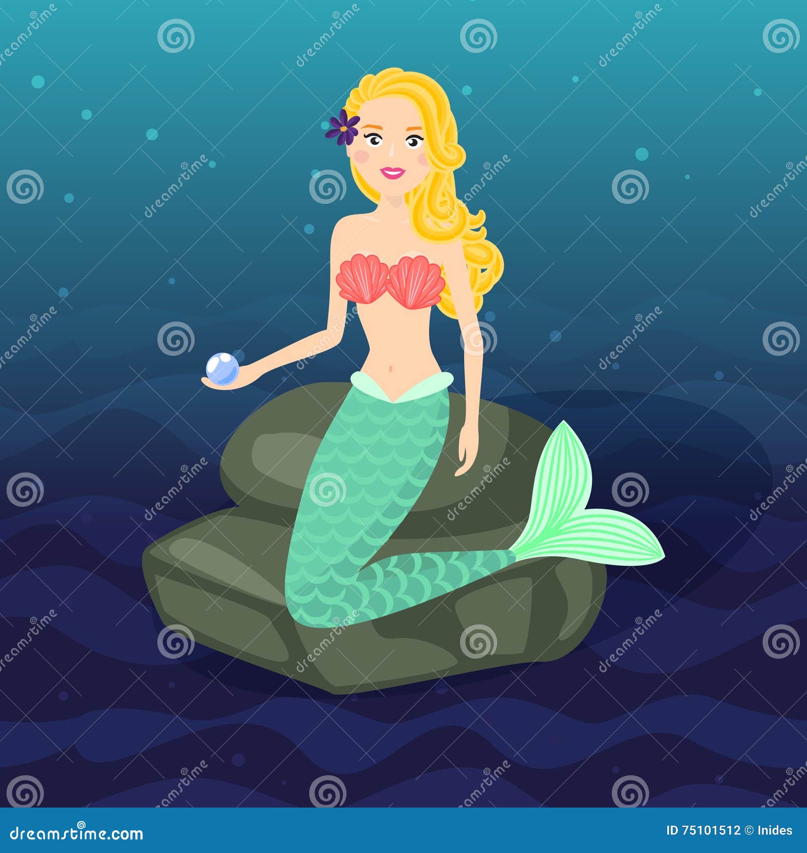 Mermaid Sitting On Rocks Cartoon Style Princess Of Underwater World Vector Illustration Stock