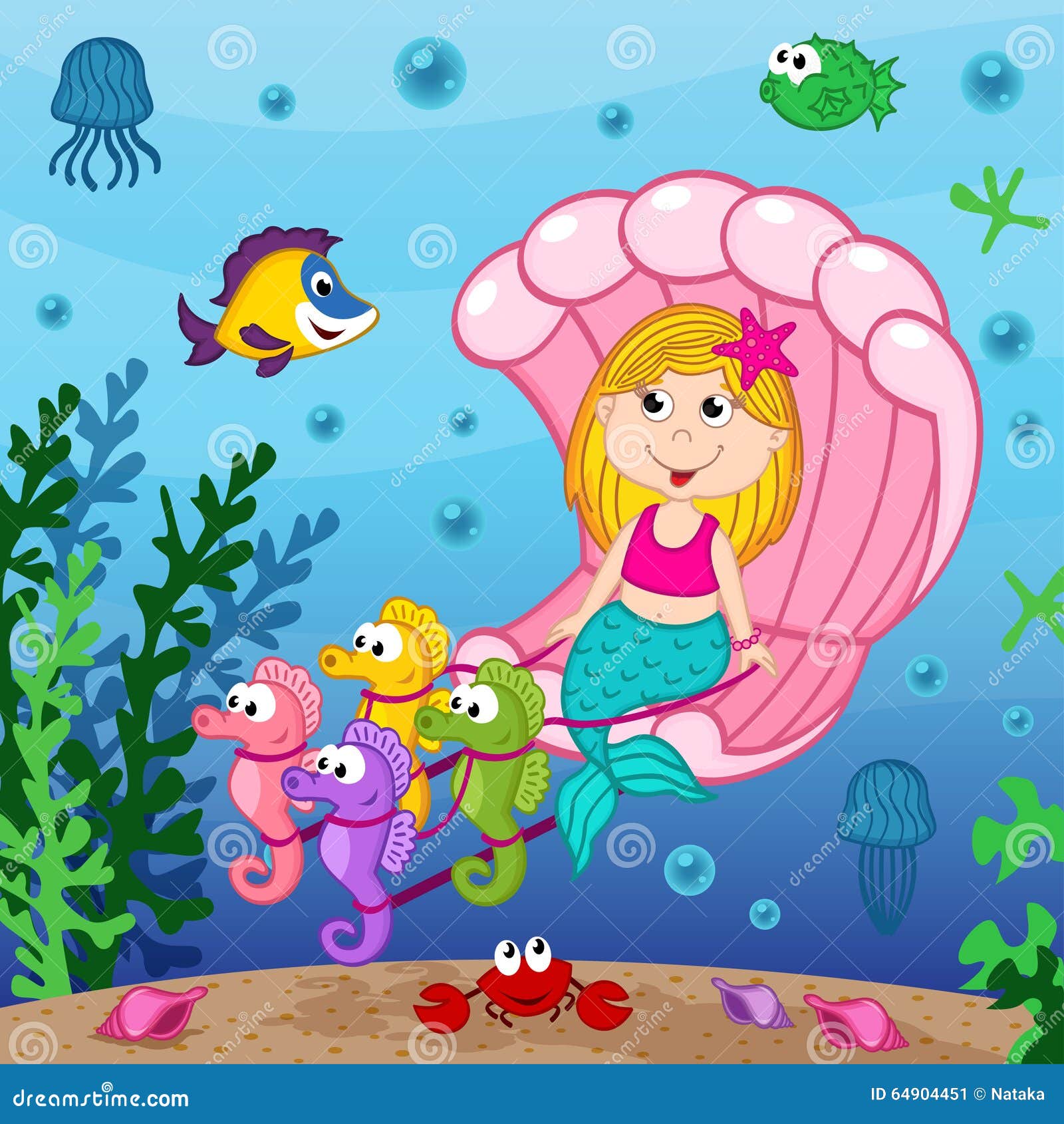 Mermaid Swims in the Seashell Stock Vector - Illustration of postcard ...