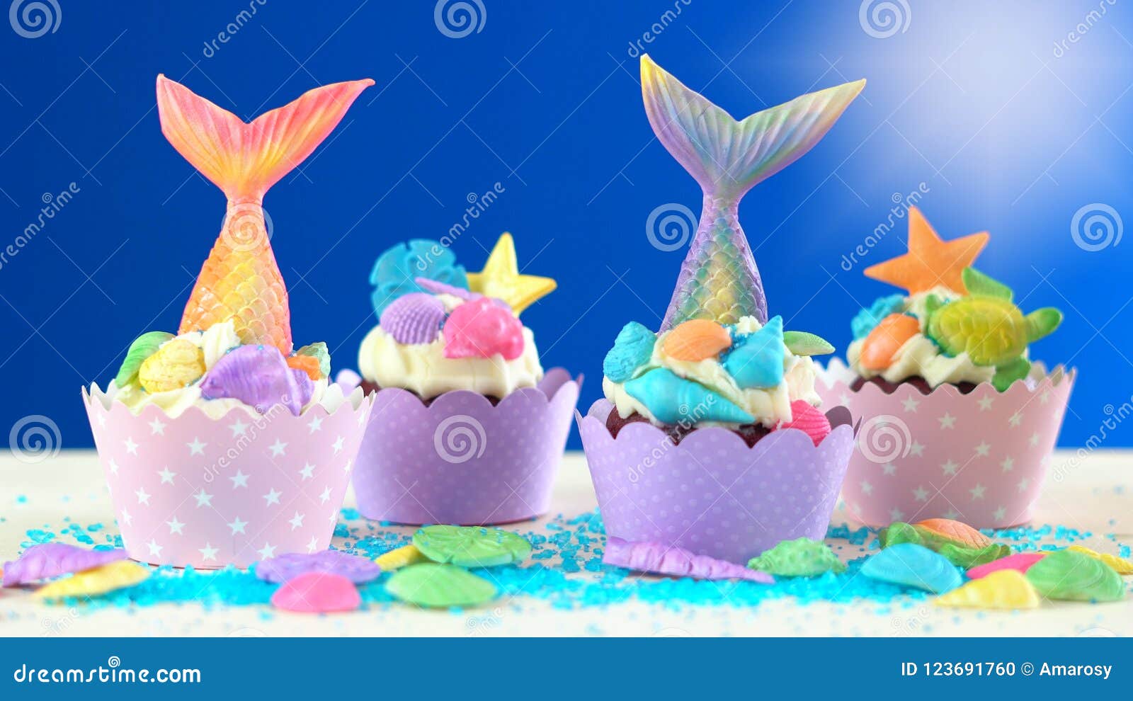 Mermaid Theme Cupcakes With Colorful Glitter Tails Shells And Sea