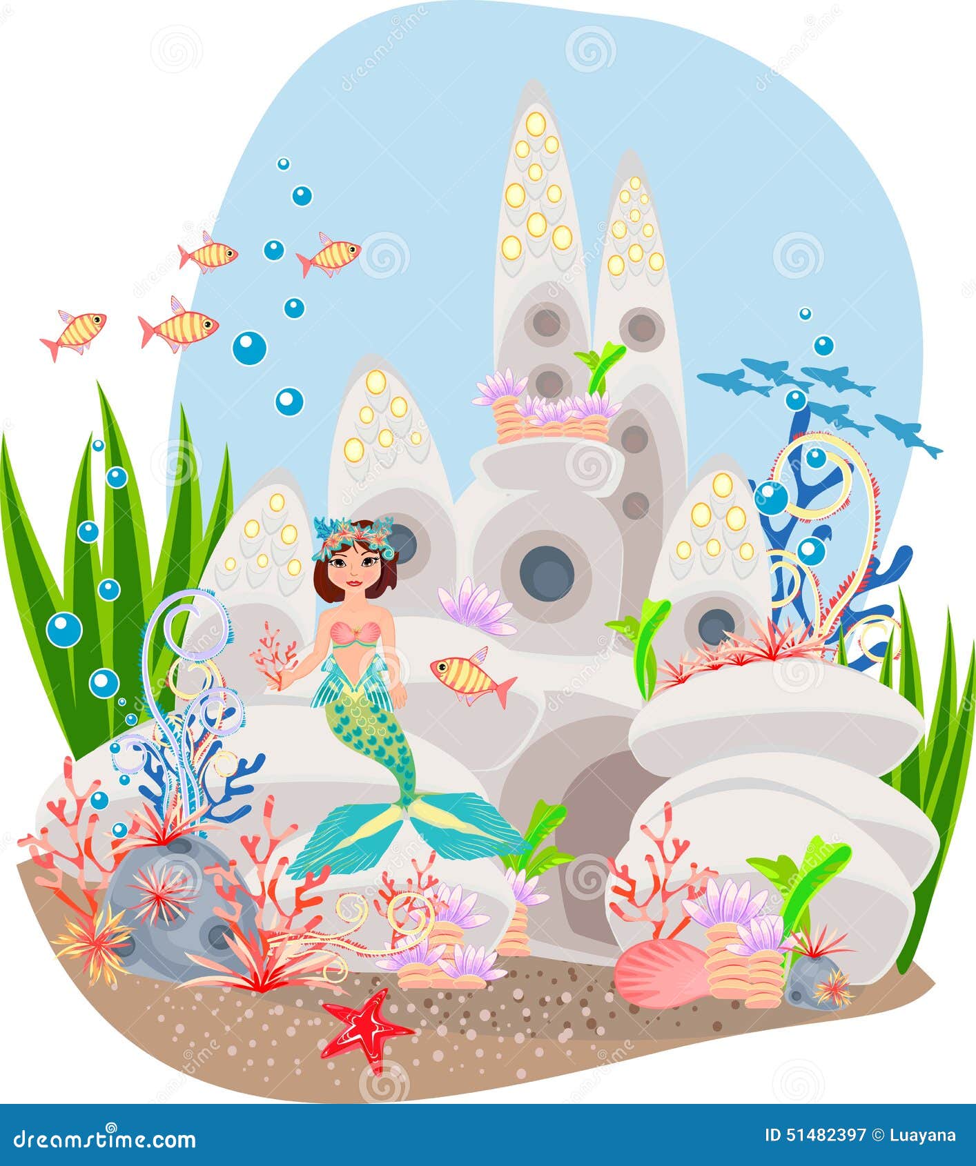 Mermaid And Underwater Castle Cartoon Vector | CartoonDealer.com #51482397
