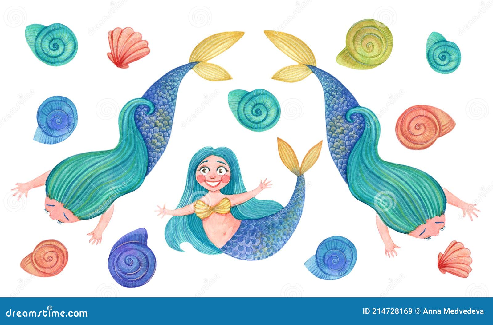 HAPPY Mermaids and Colourful Shells Stock Illustration - Illustration ...