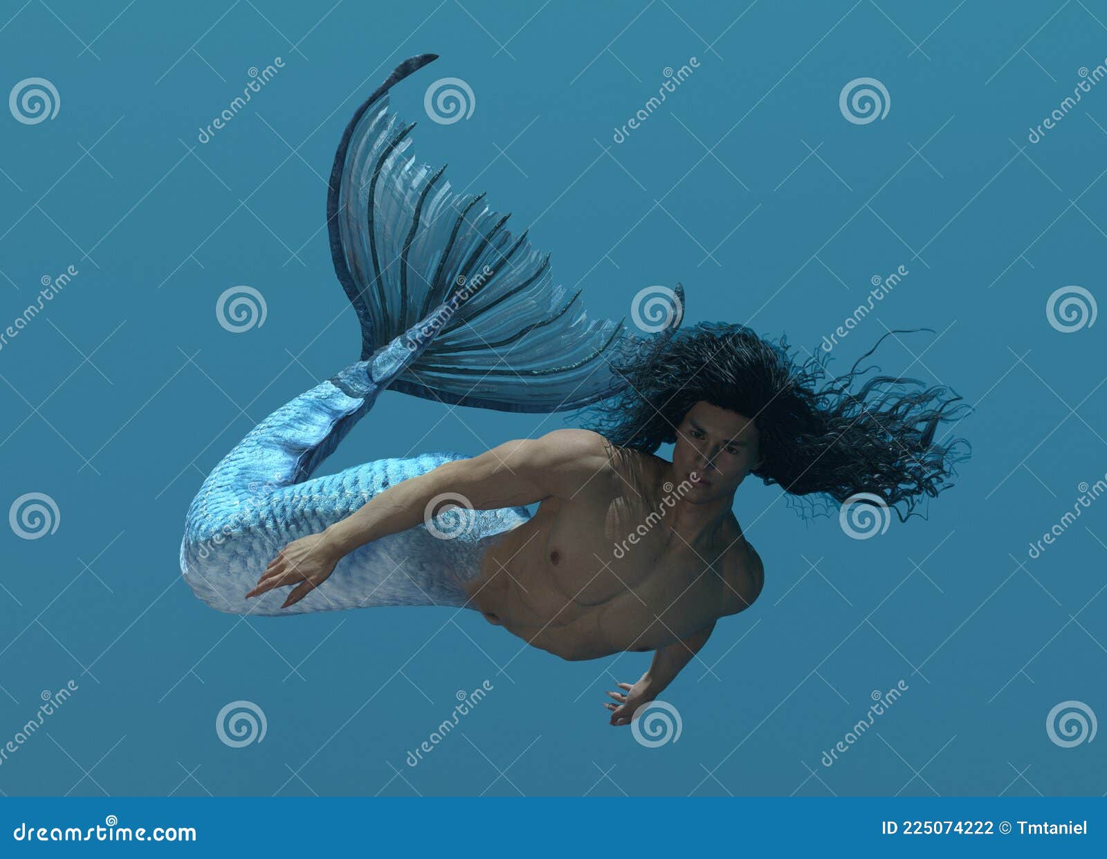 3D Render : a Merman Creature is Swimming in the Deep Blue Sea Stock ...