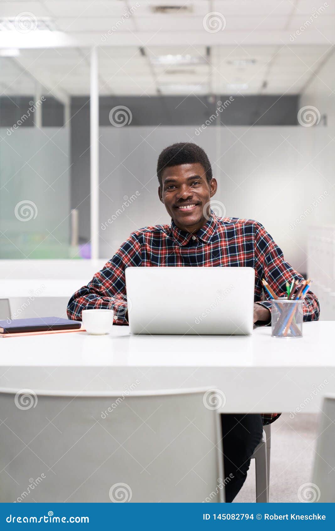 Merry African Student at Laptop Computer Stock Photo - Image of online ...